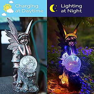 MIBUNG 13.2 Inch Large Fairy Angel Garden Statue Sculpture with Glass Ball Solar Lights, Bronze Fairy Elf Girl Outdoor Figurine Patio Yard Lawn Outside Decor, Housewarming Birthday Ornament Gift