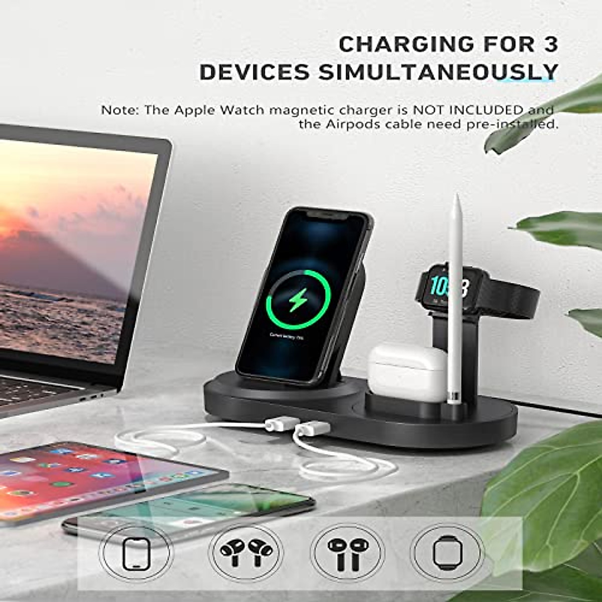 4 in 1 Wireless Charging Station, Getop Fast Charging Dock Stand with 2 USB Ports for Apple Watch, AirPods, Cell Phones, Wireless Charger Compatible with iPhone 12/11/11Pro/Xr/Xs/X/Max/8 Plus/Samsung