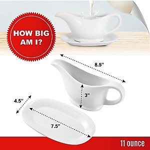 Bruntmor 11 Oz White Ceramic Gravy Boat With Tray, 11 Ounce Small Ceramic Serving Dish, Dispenser with Tray For Sauces, Gravy Boats With Saucer For Thanksgiving And Christmas Dinner
