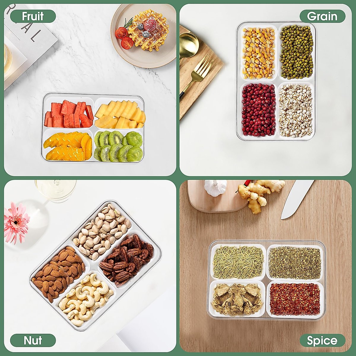EsOfficce Divided Serving Tray with Lid, Handle Snackle Box with Date, 4 Compartments Charcuterie Container for Veggies, Snack, Fruit, Nuts, Candy, Cracker, Chip,for Party, Entertaining, Picnic