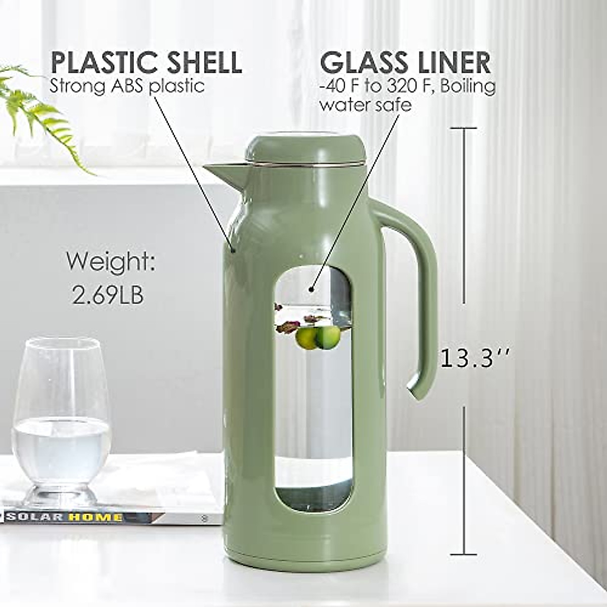 Delove 85oz/2.5 Liter Glass Water Pitcher with Lid and Shatterproof Shell - Iced Tea Pitcher&Carafe - Heat Resistant Glass Jug Water Carafe with Handle for Juice, Cold or Hot Beverages -Green