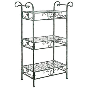 SAFAVIEH Outdoor Collection Noreen Victorian Scroll Antique Dark Green Wrought Iron 3-Tier Shelf