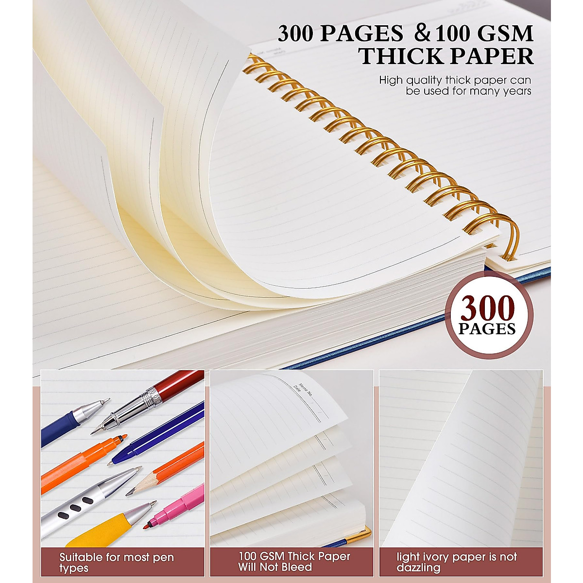 Spiral Notebook Journal 8.5” x 11”, 300 Pages Hardcover Leather Lined Journals for Women Men, A4 Large College Ruled Notebooks with 100 GSM Thick Paper, Spiral Journal for Writing Work School, Navy