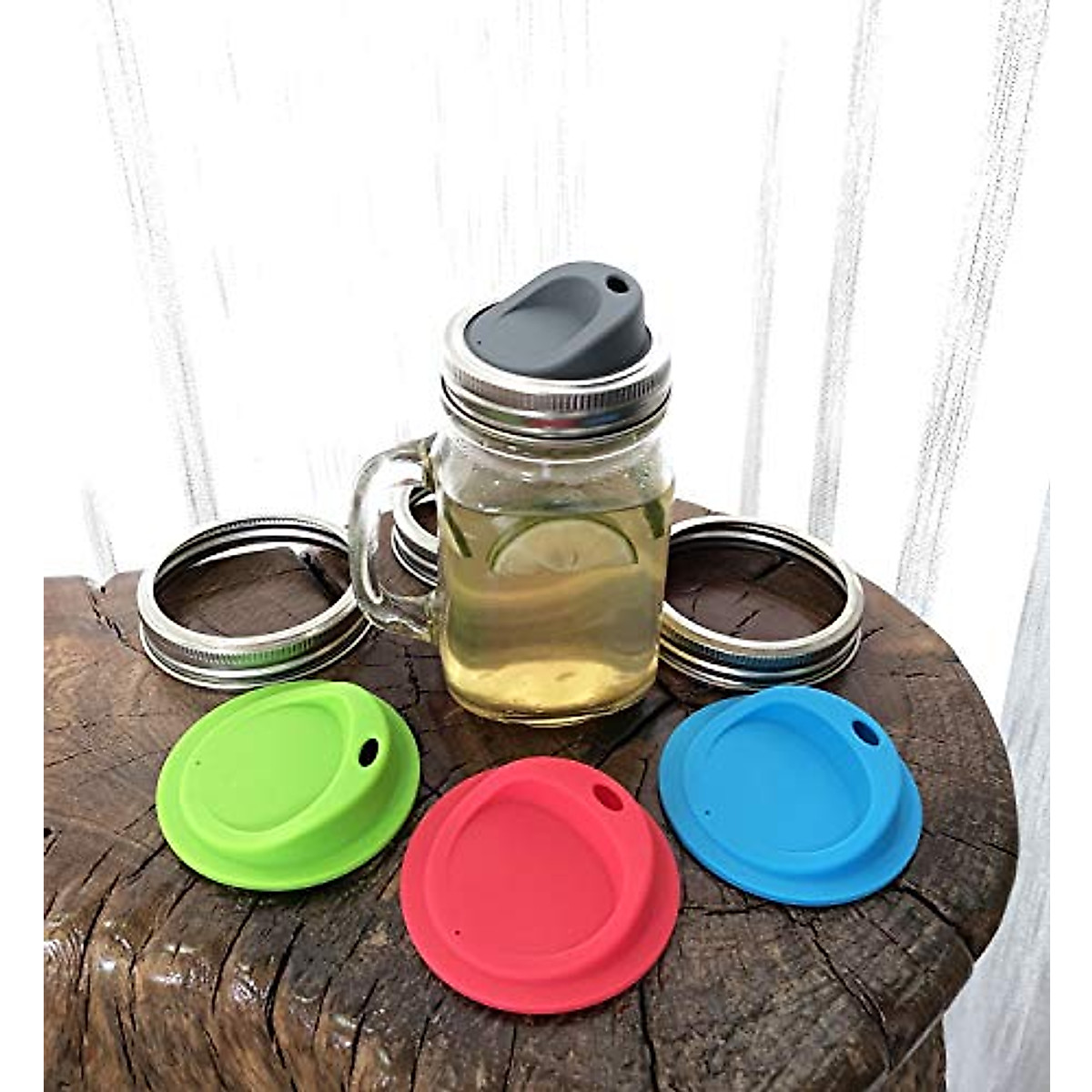 THINKCHANCES Reusable Food Grade BPA Free Silicone Sip Coffee Juice Drinking Lid Kit with Stainless Steel Rings for Mason, Ball, Canning Jars, Pack of 4 Sets (Regular Mouth,Oval Drinking Hole)