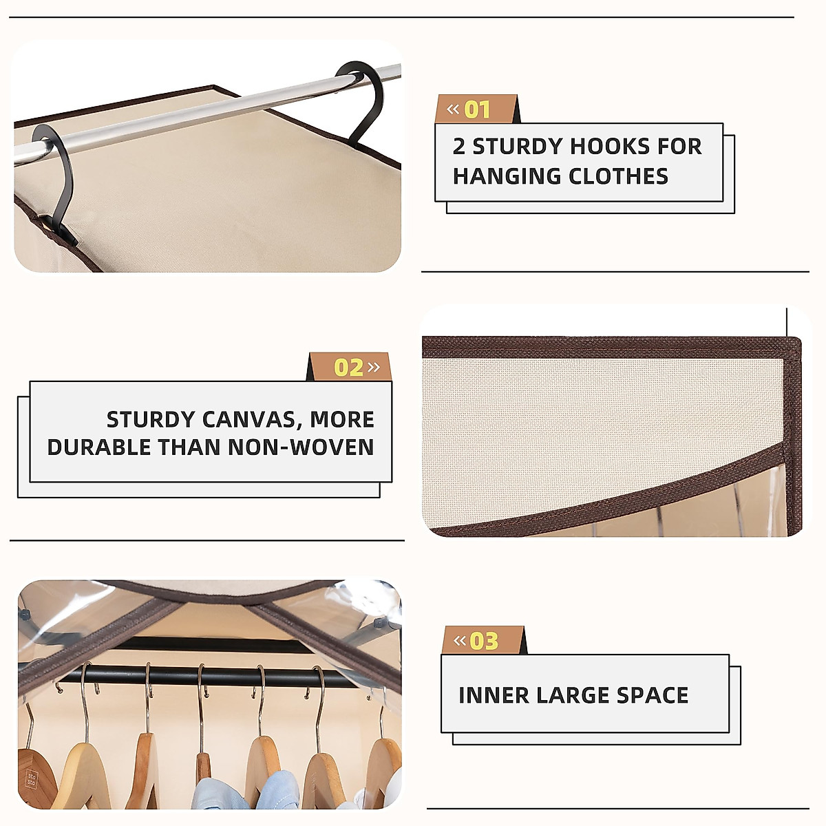 STORAGE MANIAC 2-Pack Hanging Garment Bag Zipper Cover with Sealed Clear Window, Long Garment Cover for Closet Storage Wardrobe Clothes Protector, Large Garment Storage Bag for Dresses,Suits, Beige