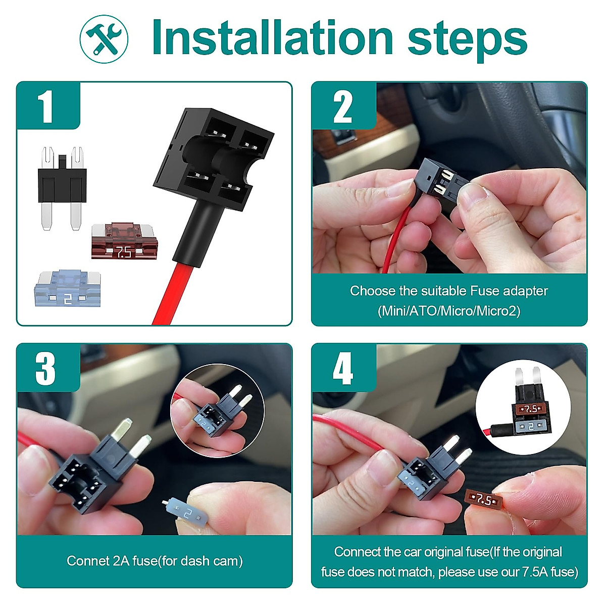 Range Tour Dash Cam Hardwire Kit Mini USB,12V-24V to 5V 2.5A Car Dash Camera Charger Power Cord, 3 cores, 4 Types / 8 adapters and 6 fuses, Hard Wire Kit Fuse for Dash Cam