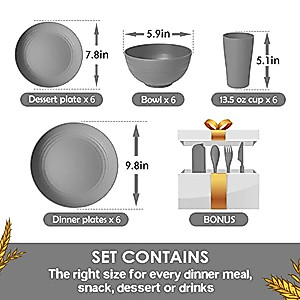 Teivio Kitchen Wheat Straw Dinnerware Set, Dinner Plates, Dessert Plate, Cereal Bowls, Cups, Unbreakable Plastic Outdoor Camping Dishes (Service for 6 (24 piece with flatware), Grey)