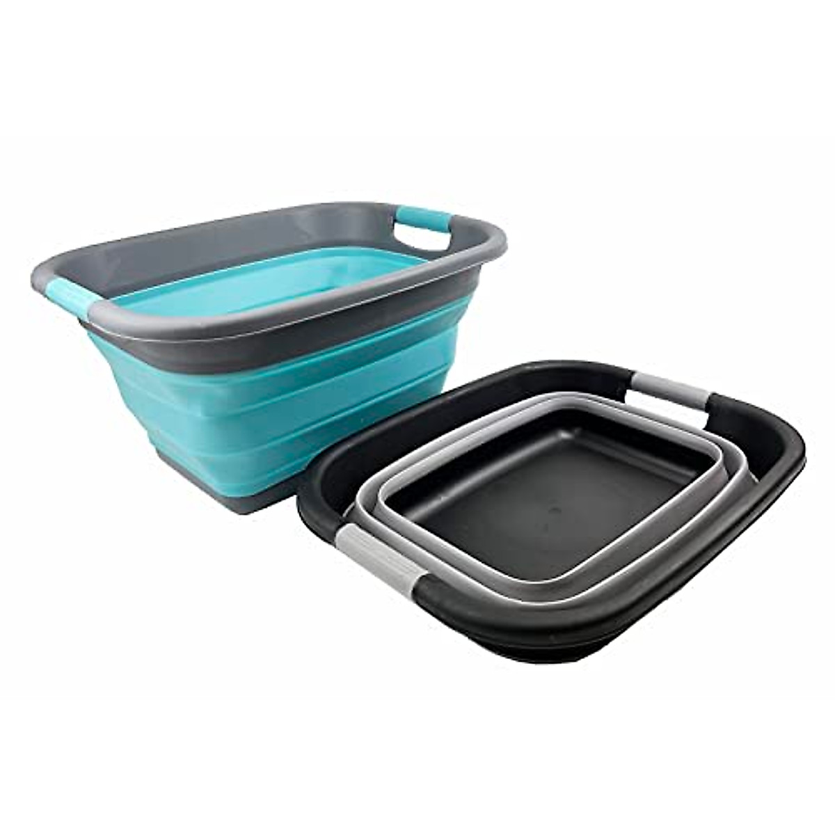 SAMMART 25L (6.6 Gallon) Set of 2 Collapsible Laundry Basket/Tub - Foldable Storage Container/Organizer, Water Capacity: 20L (Alloy Grey + Crystal Blue)