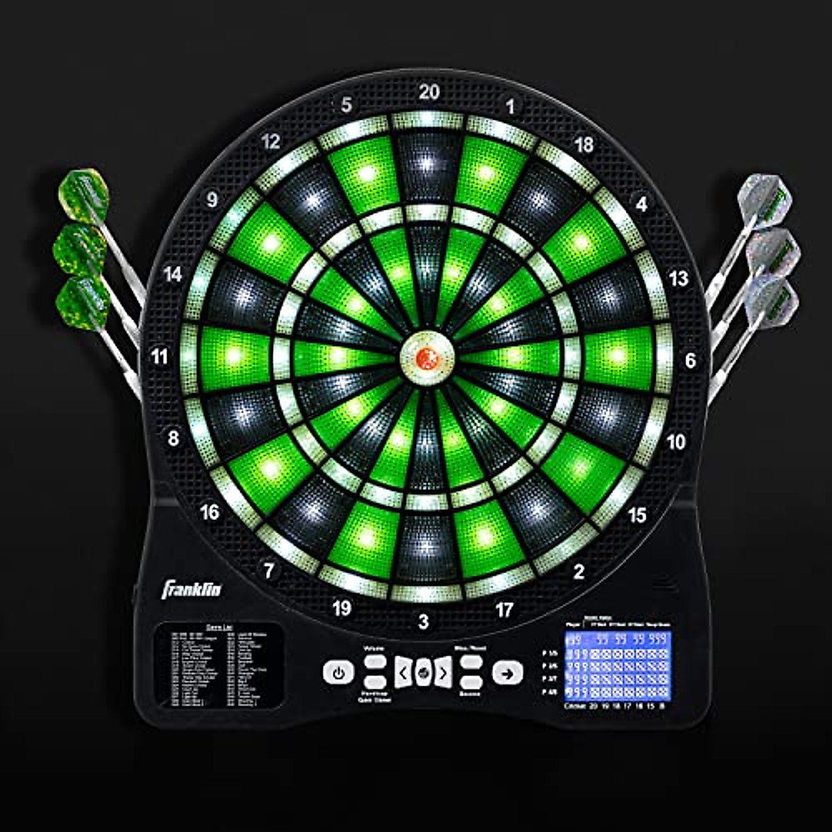 Franklin Sports Light Up Electronic Dart Board Set - LED Soft Tip Electric Dartboard with Digital Scoreboard - Adults + Kids Set - (6) Darts Included, Black/Green, 15"
