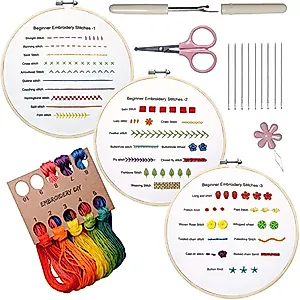 Beginners Embroidery Stitch Practice kit, 3 Sets Embroidery Kit to Learn 30 Different Stitches for Craft Lover Hand Stitch with Embroidery Fabric with Embroidery Skill Techniques