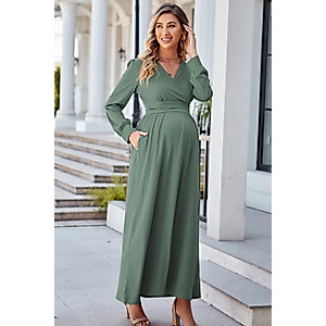 OUGES Fall Maternity Maxi Dresses Long Sleeve Wrap V Neck Baby Shower Dress Maternity Clothes 2025(Gray Green,M)