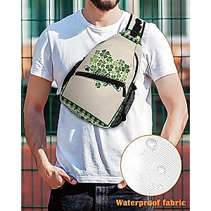 Sling Backpack, St. Patrick's Day Lucky Shamrocks Clover Love Heart Green Buffalo Plaid Waterproof Lightweight Small Sling Bag, Travel Chest Bag Crossbody Shoulder Bag Hiking Daypack for Women Men