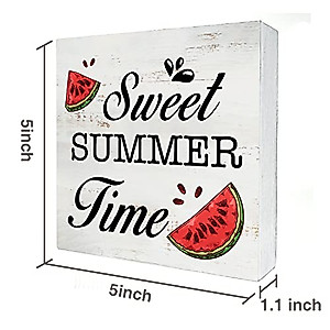 Sweet Summer Time Wood Box Sign Home Decor Rustic Summer Watermelon Wooden Box Sign Block Plaque for Wall Tabletop Desk Home Kitchen Decoration 5" x 5"