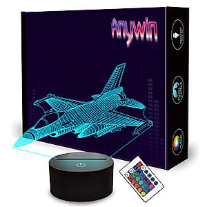 Anywin Warplane Night Lights,Kids Airplane 3D Night Light Bedside Lamp Fighter Toy Light 7 Colors Changing with Remote Control Best Christmas Gifts and Birthday Gifts for Boys Girls Kids Baby