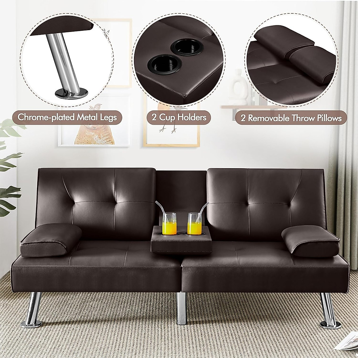 Convertible Folding Futon Sofa Bed Sleeper Couch for Living Room, Modern Faux Leather Upholstered Loveseat w/Removable Armrests, Metal Legs, 2 Cup Holders, Love Seat Sofa Bed for Small Spaces (Brown)
