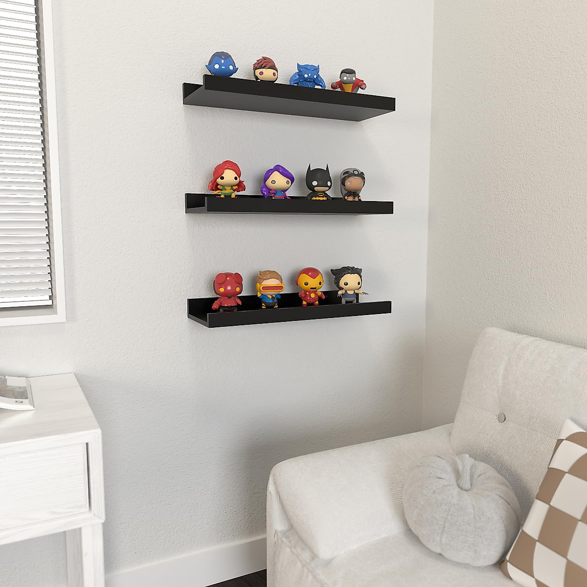 Bosniik 3ps 15.7 Inch Long Floating Bookshelf for Kids Room Black Wall Mounted Shelves with Lip for Storage, Display Picture Ledge Shelf for Bedroom Bathroom Kitchen Living Room Wall Decor Black