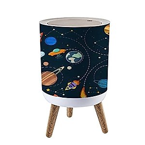 CAKOJV188 Round Trash Can with Press Lid Space Theme Solar System Kids Cartoon Planet Seamless Rocket UFO Small Garbage Can Trash
