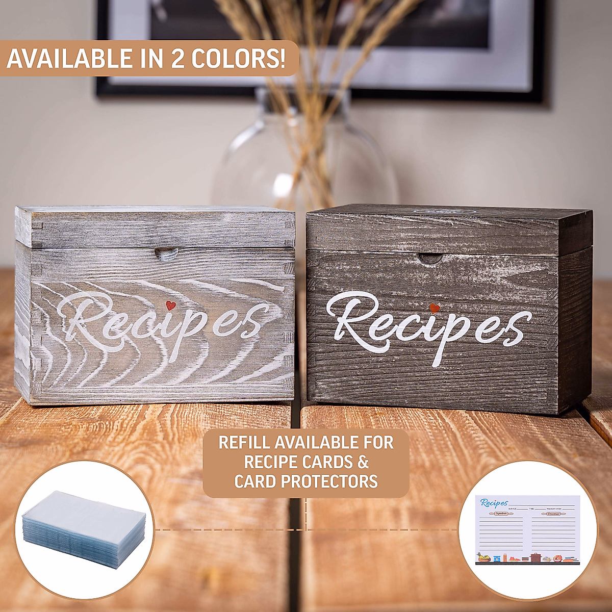 KitchenMania Wood Recipe Box with Cards,Wood Dividers 4x6 Vintage Style Set,100 Double Sided Recipe Cards,100 Recipe Card Protectors, Gift for Grandma Mom Women Wedding Bridal Shower Rustic Black