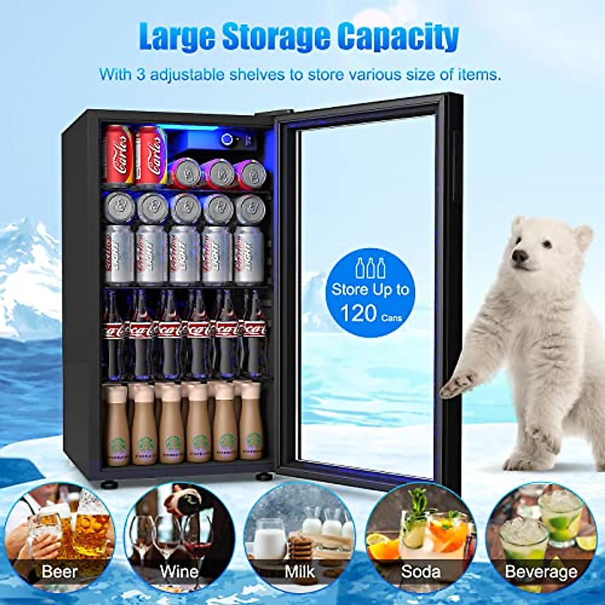 COSTWAY Beverage Refrigerator and Cooler - 120 Can Mini Fridge with Glass Door, Removable Shelves for Soda Beer Wine, Small Drink Refrigerator for Home Office Bar, 3.2 cu.ft.