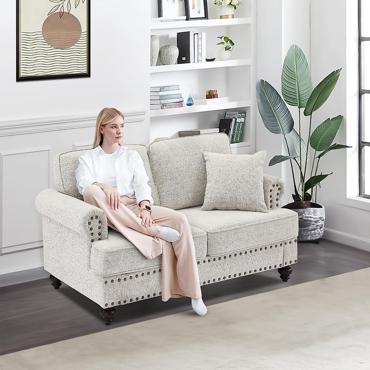 JEEOHEY 57" W Comfy Love Seat Sofa Couch,Chenille Fabric 2 Seater Sofa,Mid Century Modern Sofa,Deep Seat Sofa with Rolled Arms & Nailhead Trim for Living Room,Office,Apartment,Small Place(White)