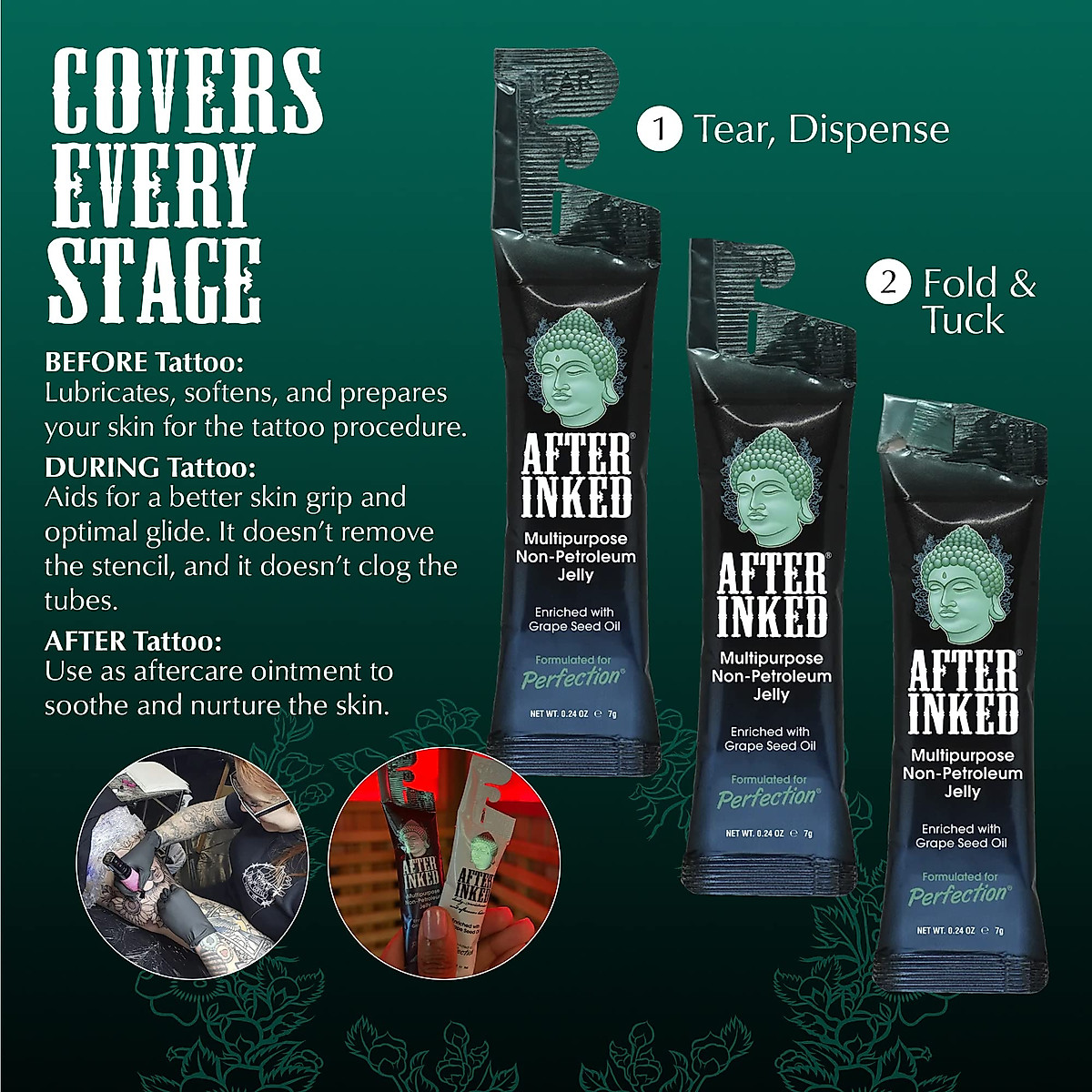 After Inked Tattoo Aftercare Non-Petroleum Jelly - With Grape Seed Oil, Essential for Tattoo Kit, PMU & Piercing Aftercare - Multipurpose Ointment - 7g Reclosable Packet (50-Pack)