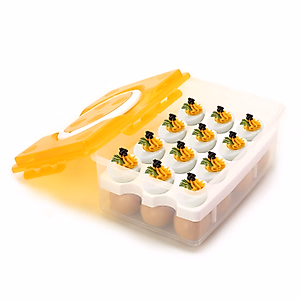 2 Tiers Egg Container Deviled Egg Carrier Eggs Holder with Handle Fridge Freezer Storage by DELIFUR (Orange)