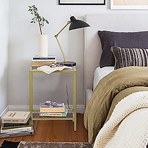 HOMSHO 2-Tier Side Table, End Tables with Tempered Glass, Nightstands with Storage Shelves, Slim Sofa Table for Living Room, Bedroom (1, Golden)