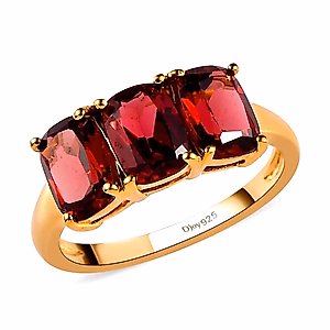 Shop LC Garnet Ring - Natural Cut Garnet Gemstones Set in 14K Yellow Gold Plated 925 Sterling Silver - Three Stone Engagement Promise Trilogy Rings for Women Costume Jewelry for Women