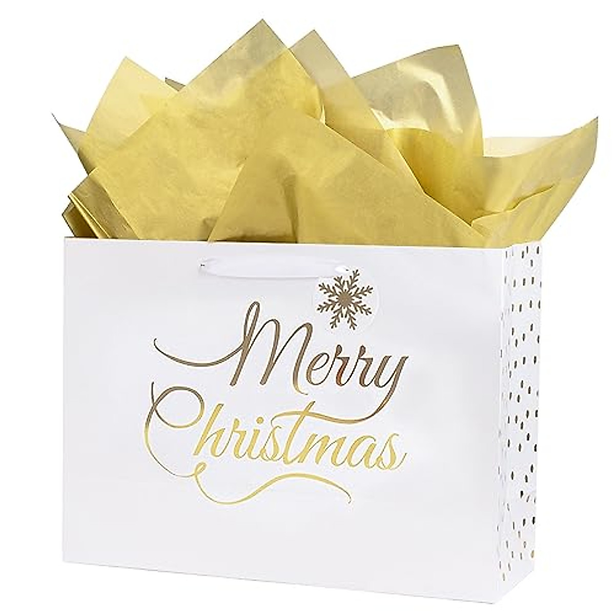 WRAPAHOLIC Christmas Gift Bags - 6 Pack Large Size White Gold Foil Merry Christmas Lettering Bags with 18 Sheets Wrapping Tissue Paper - 16" x 6" x 12"