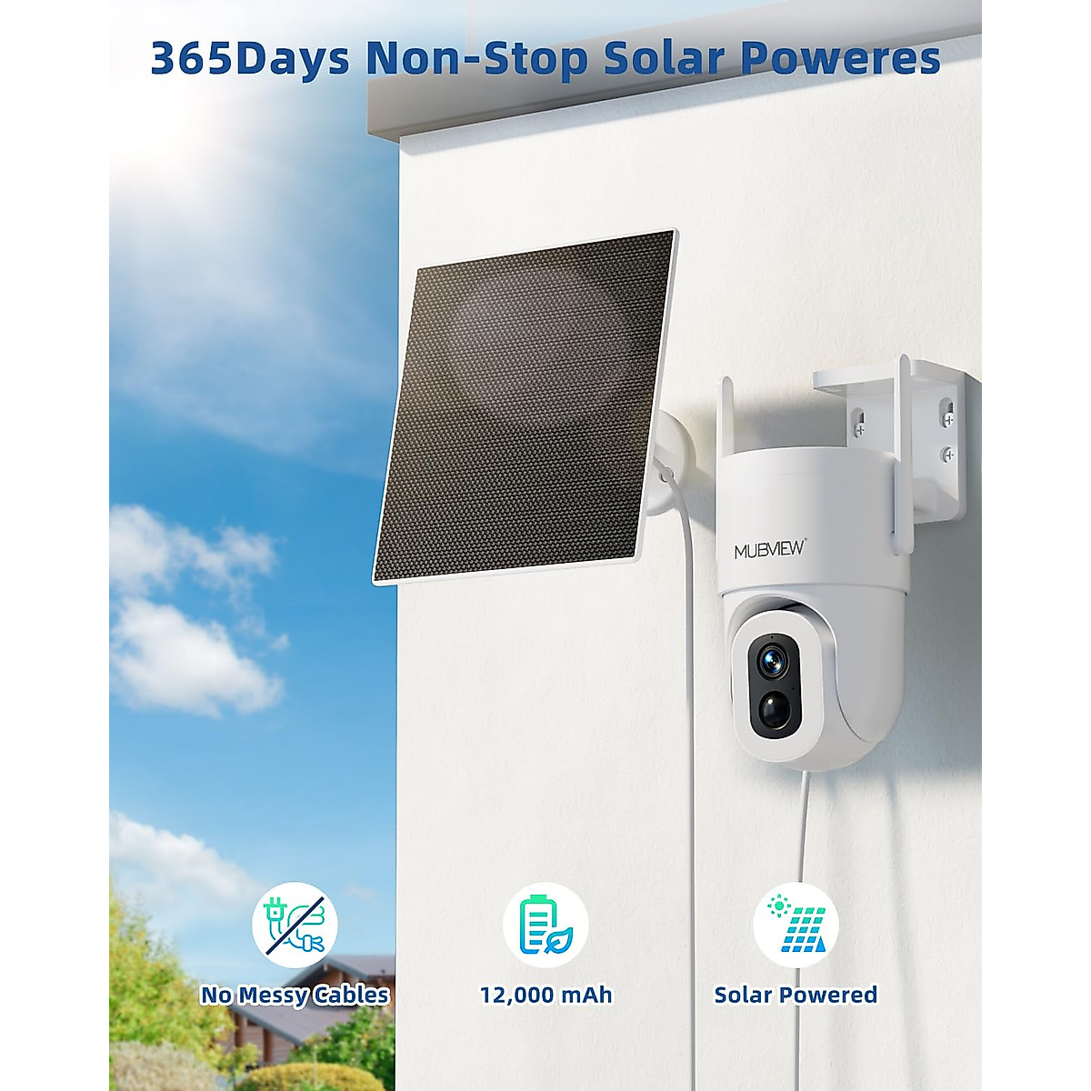 MUBVIEW Solar Security Cameras Wireless Outdoor, 2K Battery Powered Security Camera, Floodlight Camera with 800 Lumens Light & Siren, 360° PTZ, Color Night Vision, PIR Detection, 2.4GHz, IP66