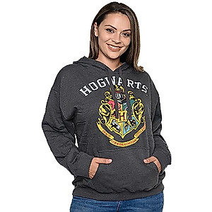 Harry Potter Womens Hoodie Hogwarts Crest Pullover (Charcoal, Medium)
