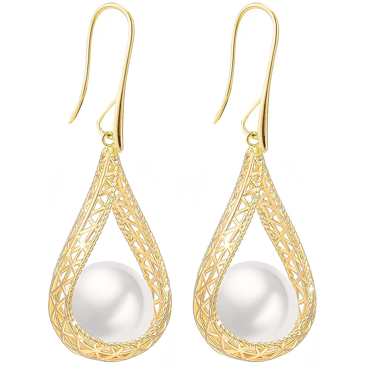 Big White Pearl Dangle Pierced Earrings for Women (White-14K Gold)