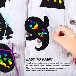 Blulu 48 Pieces Halloween Scratch Paper Rainbow Witch Pumpkin Scratch Crafts Kit Halloween Hanging Ornaments Art with Wooden Stick and Rope for Party Decoration DIY Supplies