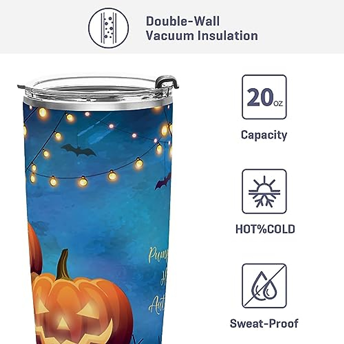 Jihqo Halloween Pumpkins Tumbler with Lid and Straw, Insulated Stainless Steel Tumbler Cup, Double Walled Travel Coffee Mug Thermal Vacuum Cups for Hot & Cold Drinks 20oz