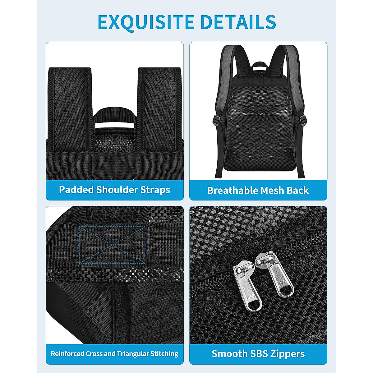 Lyingflat Mesh Backpack with Inner Compartment, Large Heavy Duty Mesh Bookbag with Padded Shoulder Straps for Travel Swimming Hiking Beach - Black