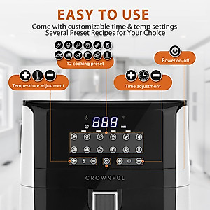 CROWNFUL 7 Quart Air Fryer, Oilless Electric Cooker with 12 Cooking Functions, LCD Touch Digital Screen with Precise Temperature Control, Nonstick Basket, 1700W, UL Listed-White