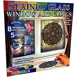 ZORBITZ Joy of Coloring Stained Glass Window Art Clings DIY Kit,8 Clings& 5 Paints,4 Gorgeous,Intricate Mandala Designs,Designed Paint,Removable Clings, Sticks to Any Glass Surface,13 Piece Set,(2680)