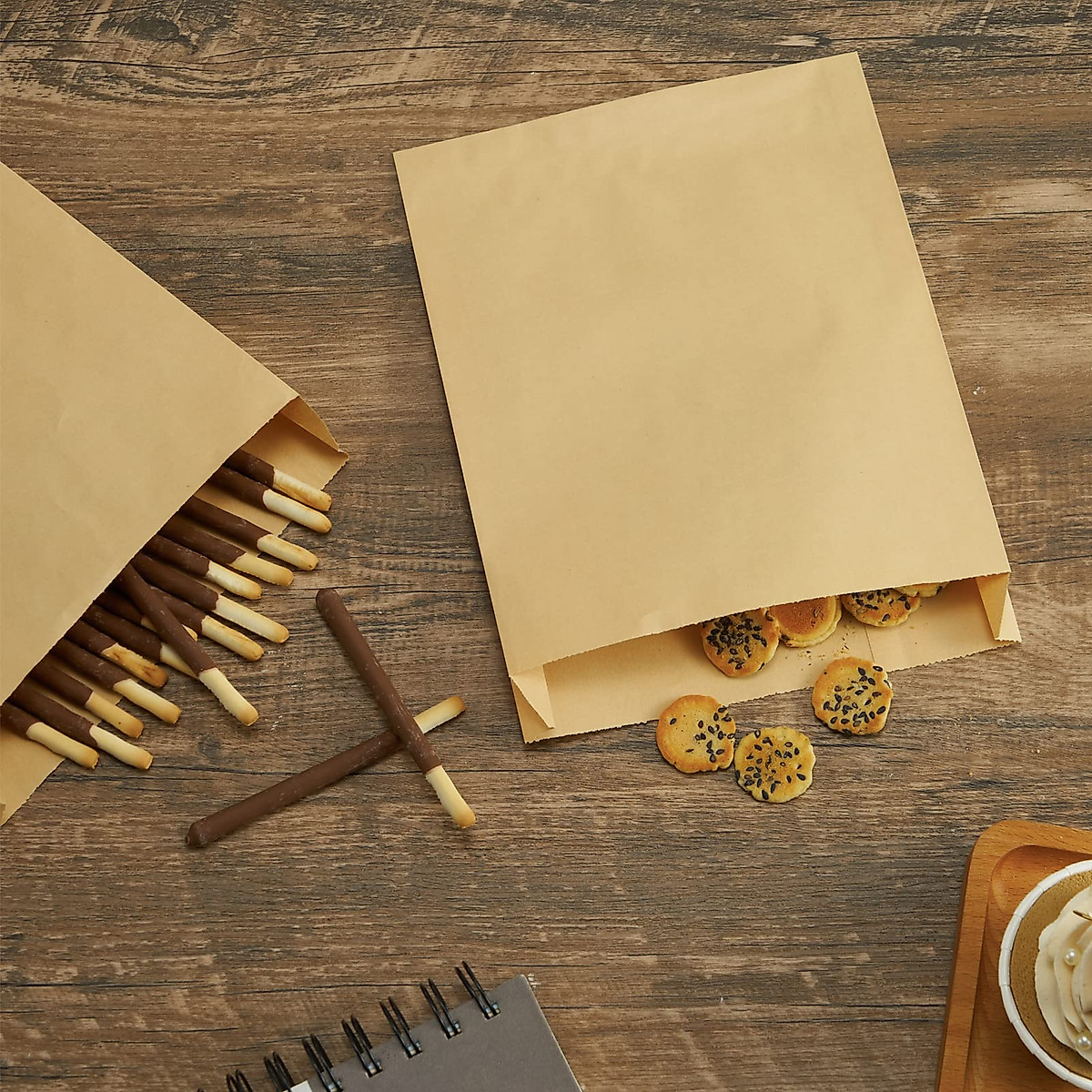 FOCCIUP Kraft Paper Sandwich Bags 200 Pack 6"x 1"x 8" Snack Bag Natural Open-Ended Bags