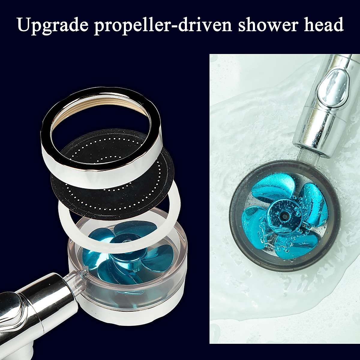 Alphyse Turbo Shower Head High Pressure, Vortex Shower Head with Handheld, Hydro Shower Head with Hose, 3 Filters and Turbo Fan, Blue