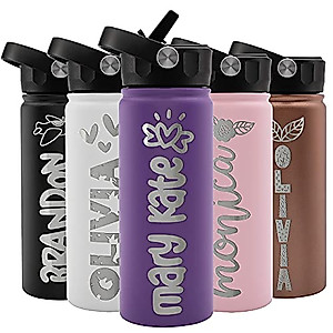 Personalized Kids Water Bottle w NAME & 36 ICON FREE ENGRAVING! Custom Toddler Water Bottle for Children | 18 oz - 9 Color | BPA Free - Double Wall Insulated
