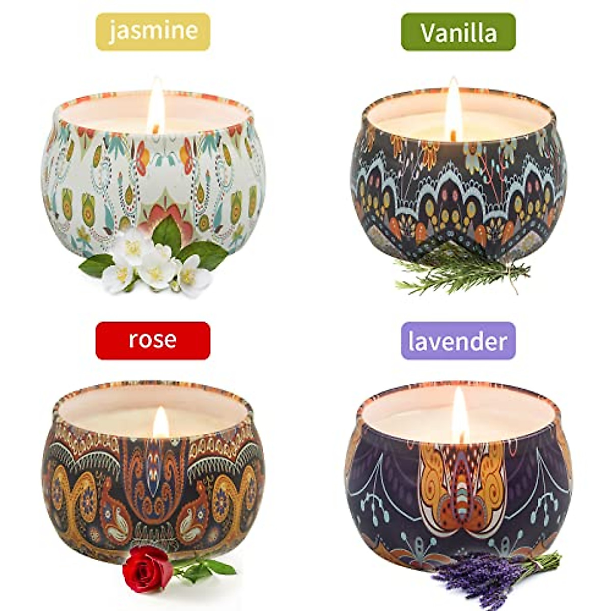 Scented Candles Gift Set for Women: 4 Pack of Rose Lavender Sage Orange Aromatherapy Candles for Home Scented Soy Wax Jar Candle Sets 4.4 oz 32 Hour Burn Time Use for Bath Yoga Christmas Birthday
