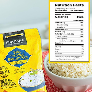 Authentic Ultra Long Parboiled Basmati Rice by Khazana in 10 lb Bag - Aromatic and Flavorful Indian Grain - Non-GMO, Gluten Free, Kosher, Cholesterol Free