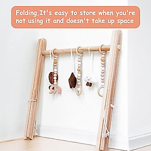 Razee Wooden Baby Play Gym Foldable Baby Gym Portable, Infant Frame Activity Gym Hanging Bar for Toddle with 6 Hanging Sensory Toys
