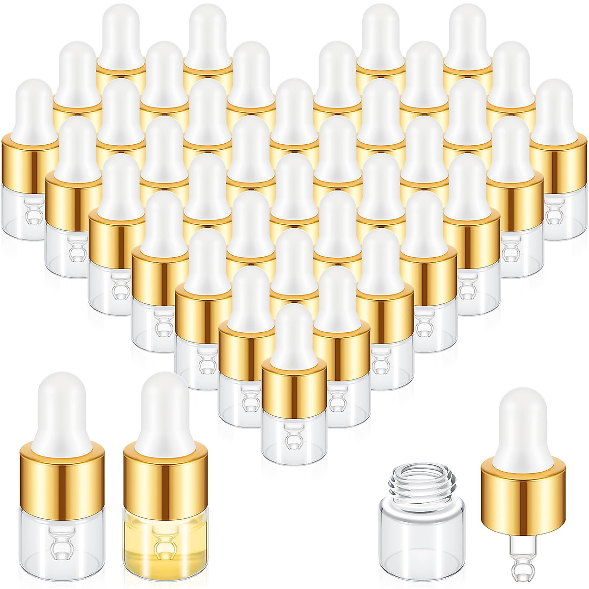 Didaey 100 Pcs Mini Glass Dropper Bottle Bulk Clear Essential Oil Dropper Bottles Small Tincture Bottles with Dropper Sample Containers Perfume Liquid Vials with Cap for Traveling(1 ml,Gold)