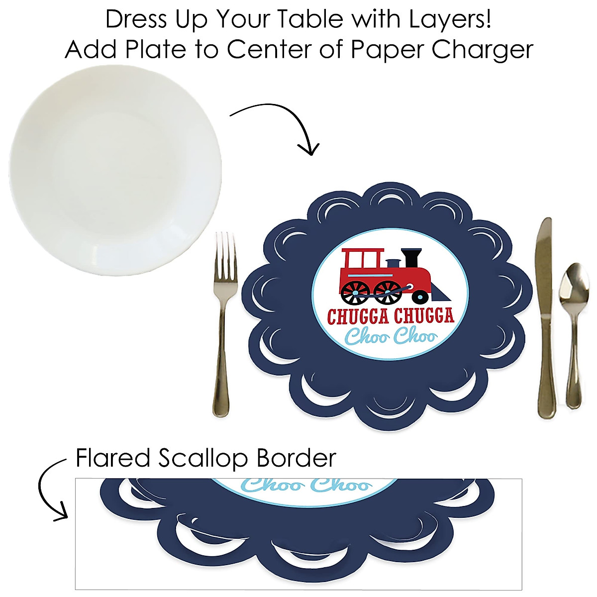 Big Dot of Happiness Railroad Party Crossing - Steam Train Birthday Party or Baby Shower Round Table Decorations - Paper Chargers - Place Setting for 12