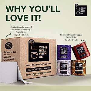 QLE Bamboo Toilet Paper 4 Pack 3 Ply 300 Sheets Bamboo RV Toilet Paper Rolls - Organic Chemical Free Toilet Paper, Hypoallergenic Toilet Paper Bamboo Soft, Compostable Septic Safe Plant Toilet Paper