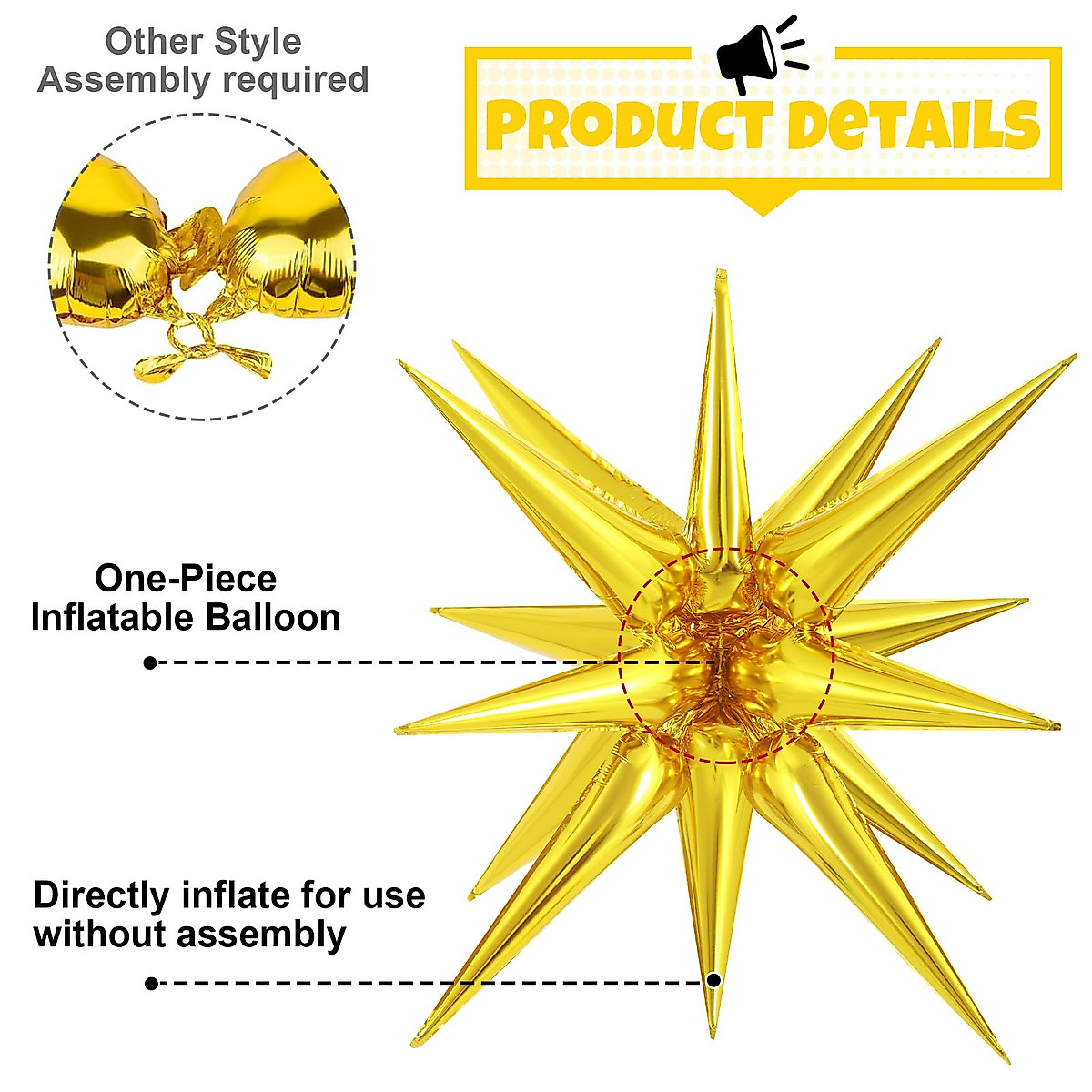 10 Pcs Star Balloons - Explosion Starburst Foil Cone Magic for Birthday, Wedding, Anniversary Party Backdrops Decorations Supplies, 6 Pcs 22Inches & 4 Pcs 27Inches (Gold)