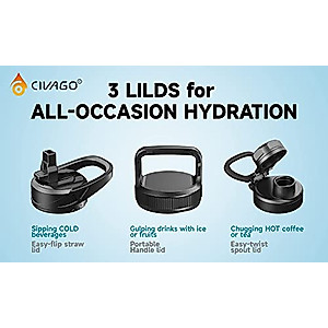 CIVAGO 40 oz Insulated Water Bottle With Straw, Stainless Steel Sports Water Cup Flask with 3 Lids (Straw, Spout and Handle Lid), Double Walled Travel Thermal Canteen Mug, Midnight Black