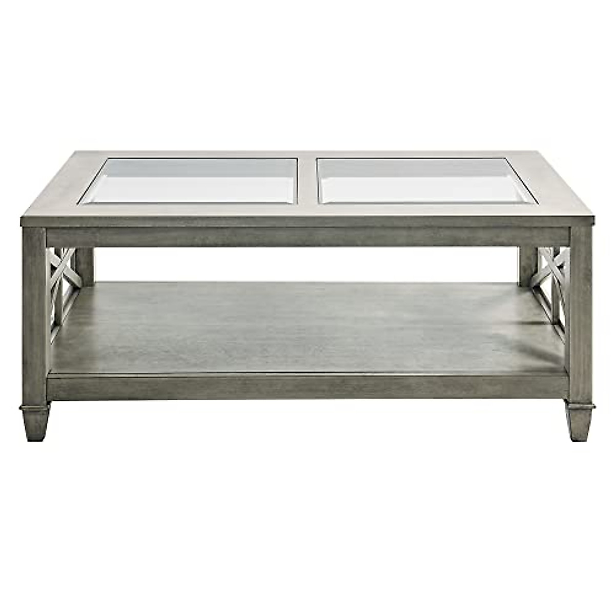 Solid Wood Coffee Table with Tempered Glass Top, Rectangular Living Room Table with 2-tire Storage Shelf, Industrial Centre Table, 45.5" X 26" Tabletop, Easy Assembly Antique Grey KFZ1318AN