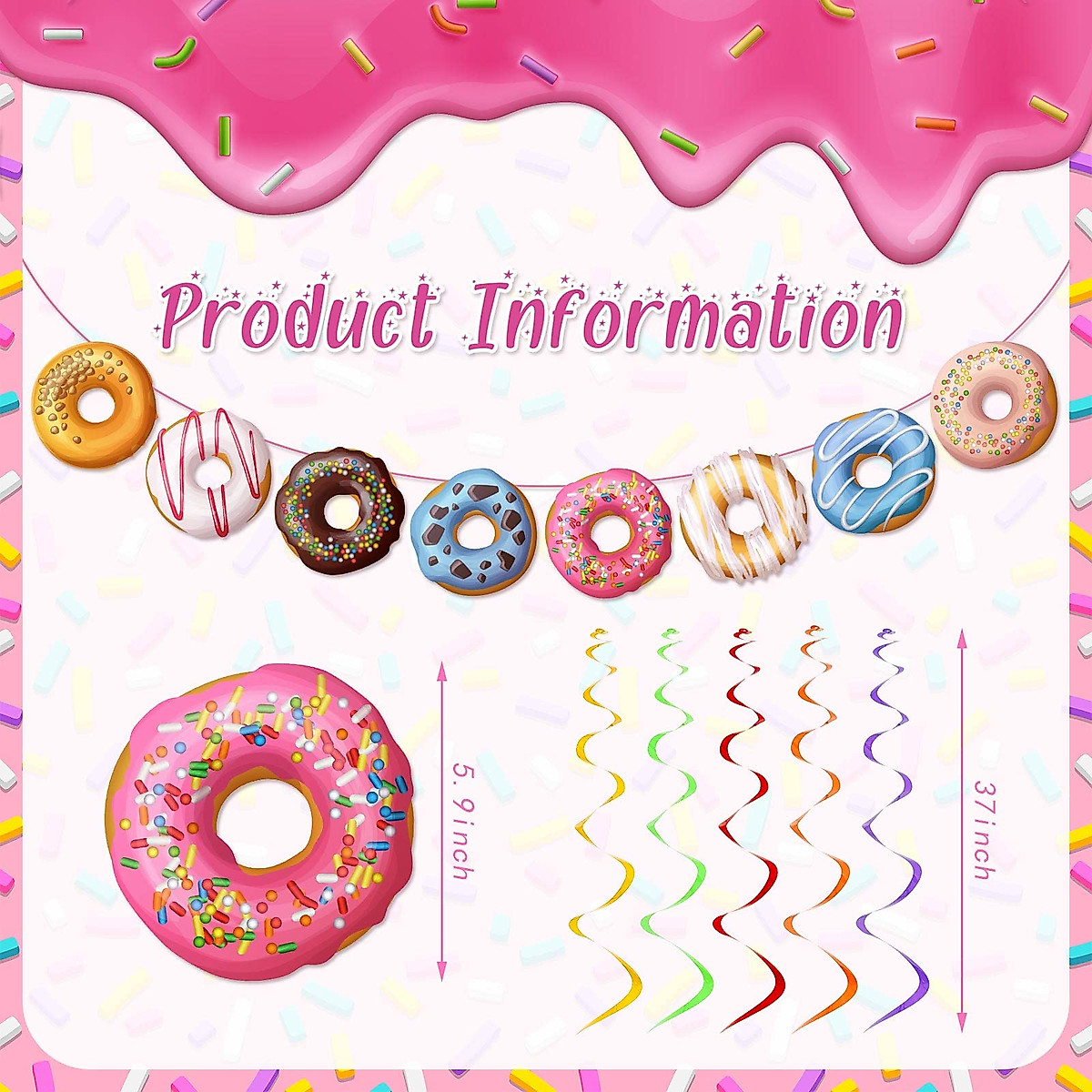 34 Pcs Donut Party Decorations Include 2 Pcs Donut Garland Banner and 32 Pcs Donut Hanging Swirl Party Supplies for Birthday Baby Shower Grow Up Party Favors